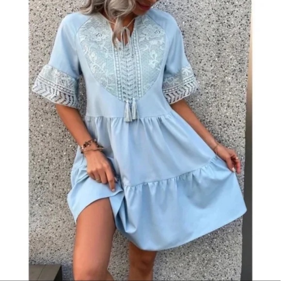 Dresses | Boho Dusty Blue Floral Lace Puff Sleeve Ruffle Mini Dress ...